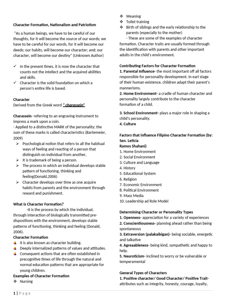 Character Formation 1 Handouts | PDF