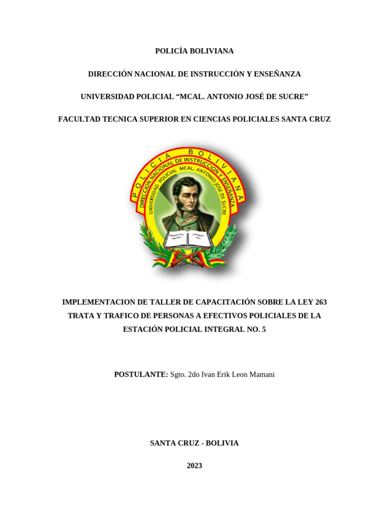 Implementacion de Taller de Capacitación Sobre La Ley 263 Trata y Trafico de Personas A ...