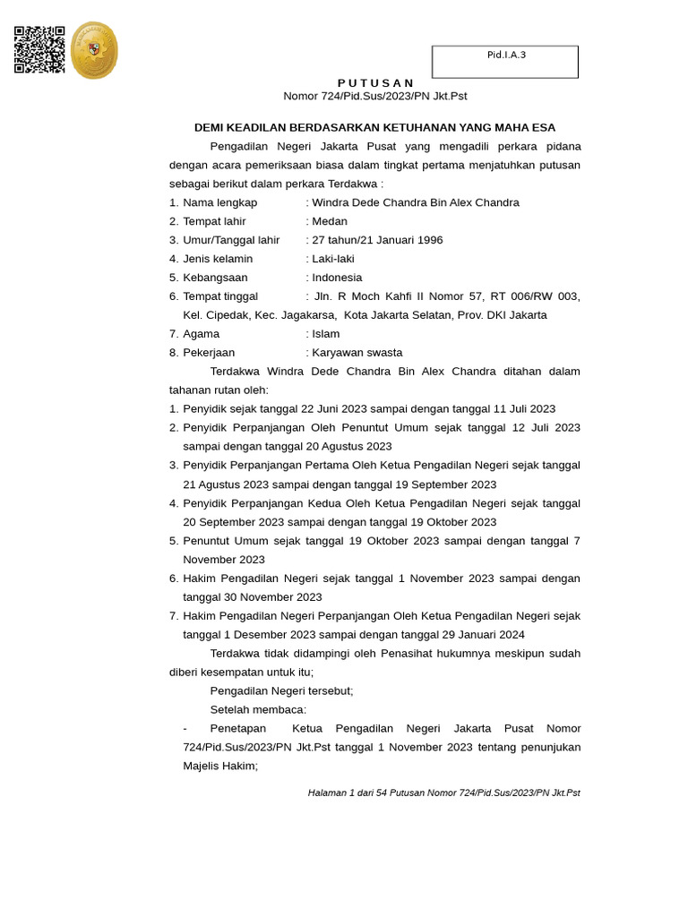 Putusan 724 Pid - Sus 2023 PN JKT - PST 20240127023057 | PDF
