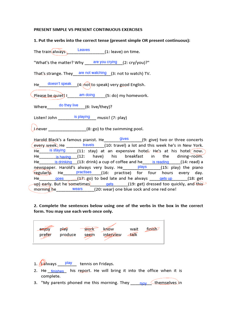 Present Simple vs. Progressive Exercises | PDF