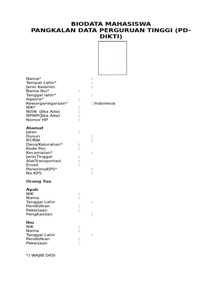 Format Biodata Mahasiswa Pddikti & Pakta Integritas | PDF
