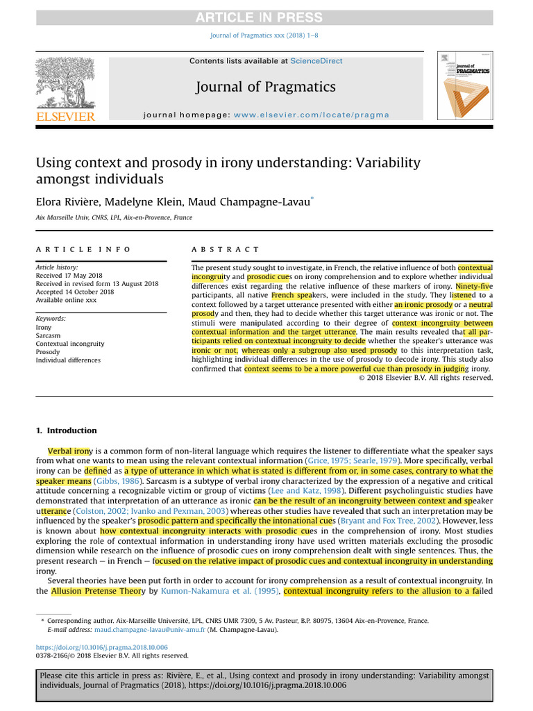 4 Using Context and Prosody in Irony Understanding Variability Amongst Individuals | PDF