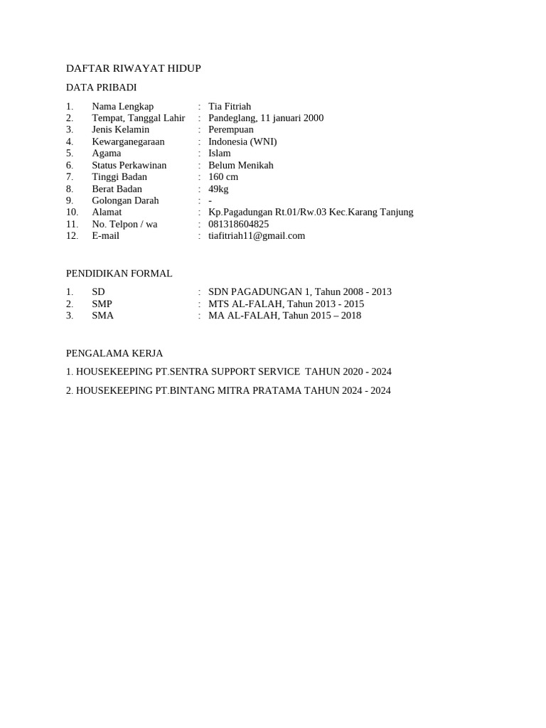 Daftar Riwayat Hidup Tia | PDF