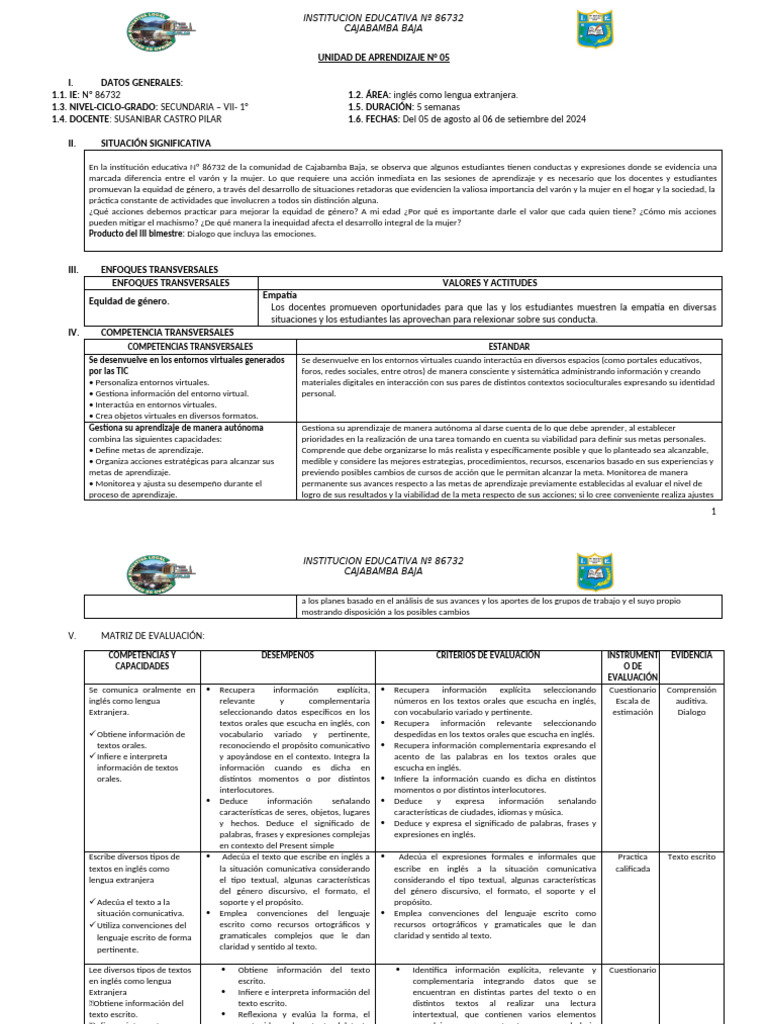 Unidad de Aprendizaje #05-2024 Inglés | PDF
