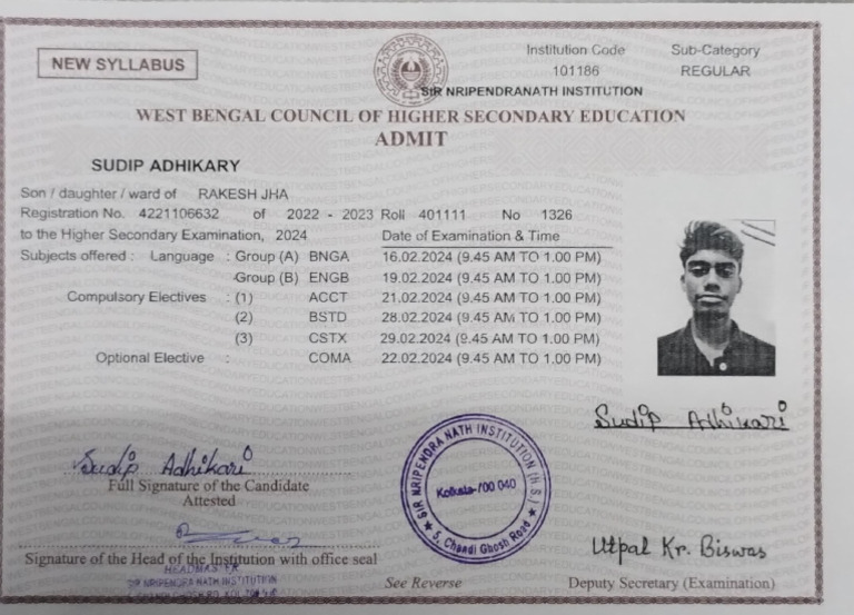 Class 12th Admit Card of SUDIP ADHIKARI | PDF