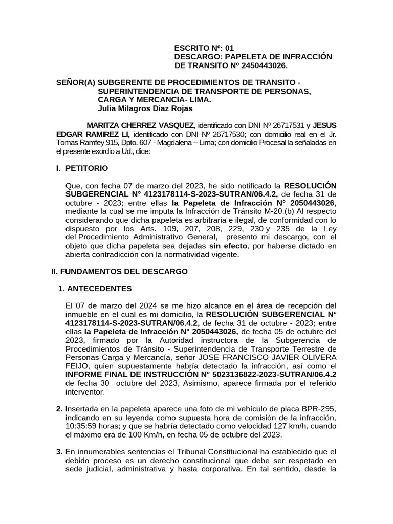 2 ESCRITO #01 DESCARGO DE PAPELETA M-20 (B) | PDF