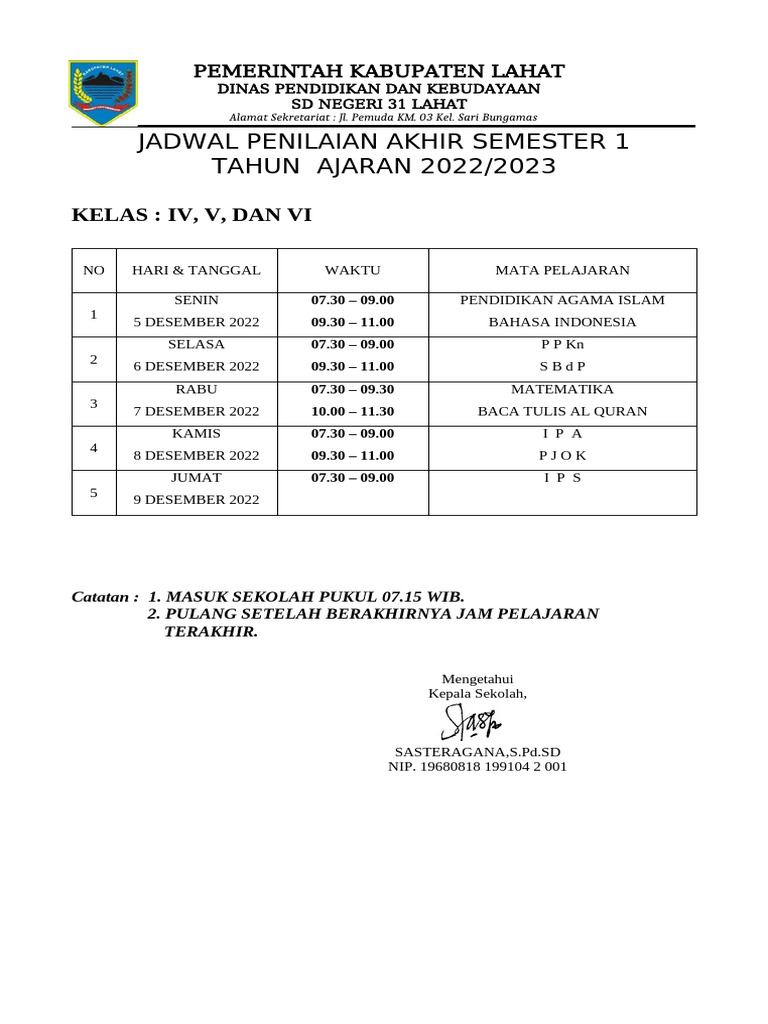 Jadwal Penilaian Akhir Semester 1 | PDF