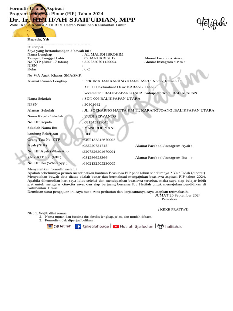 Formulir Usulan Mandiri PIP Aspirasi Hetifah Tahun 2024. | PDF