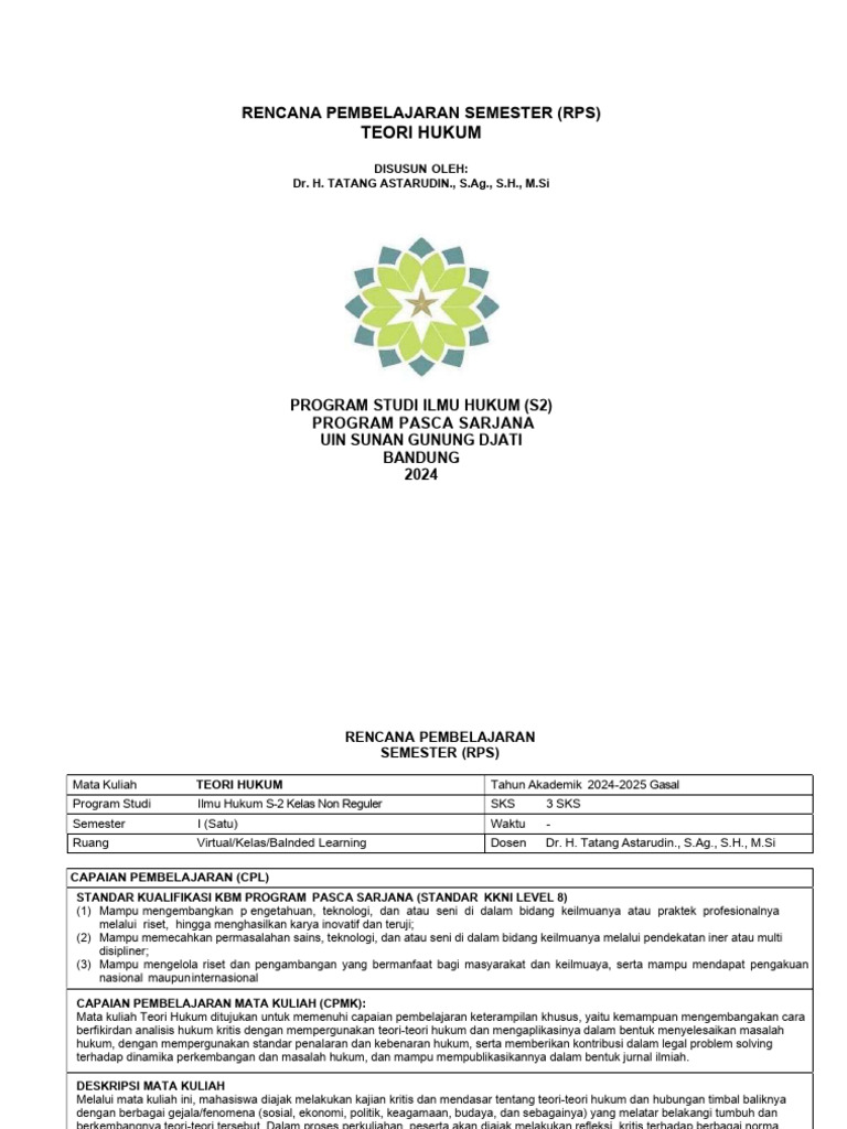 Rps Teori Hukum Ih s2 Gasal 2024-2025 | PDF