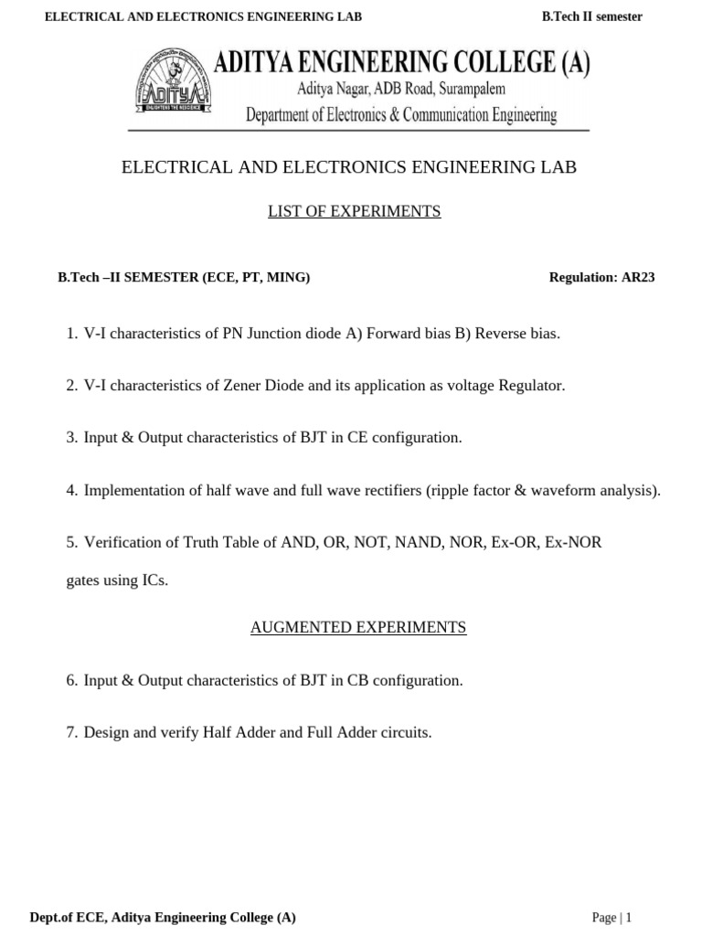EEE LAB Manual (Sem-1) | PDF