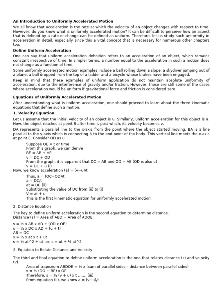 An Introduction To Uniformly Accelerated Motion | PDF