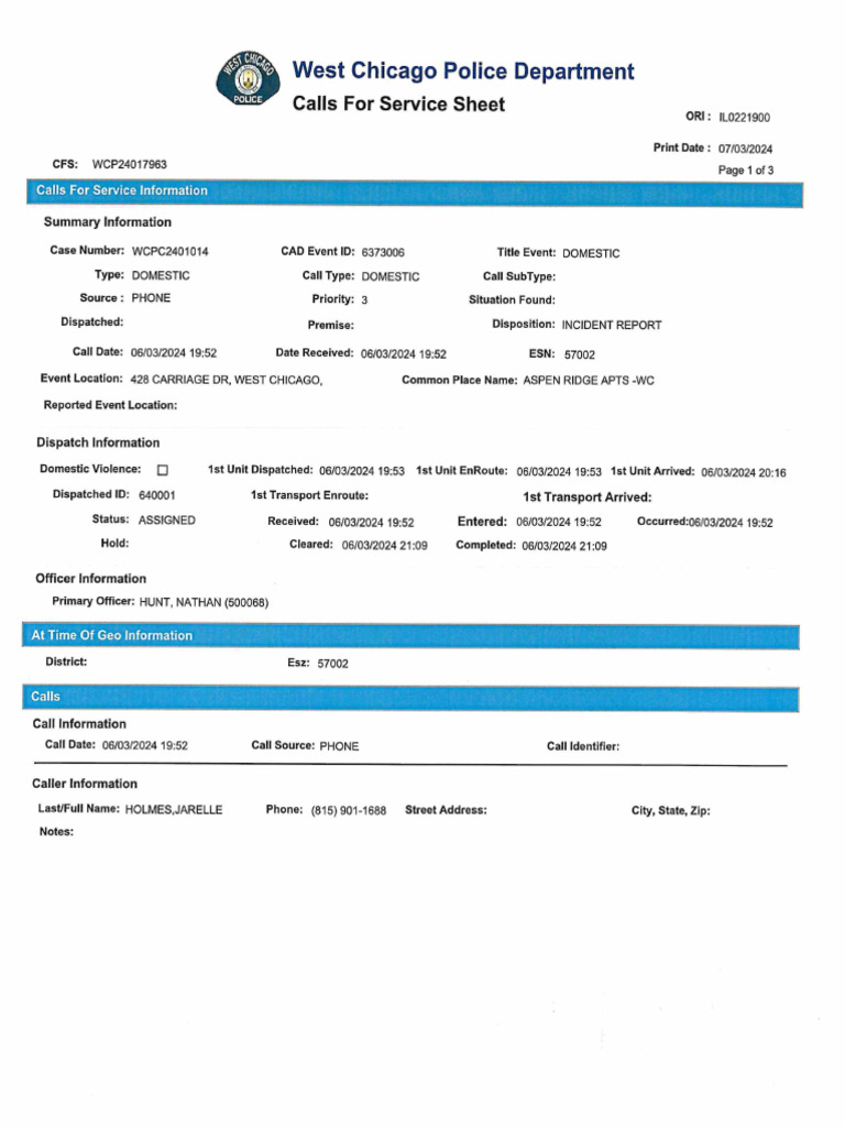 West Chicago Police Department: Calls For Service Sheet | PDF