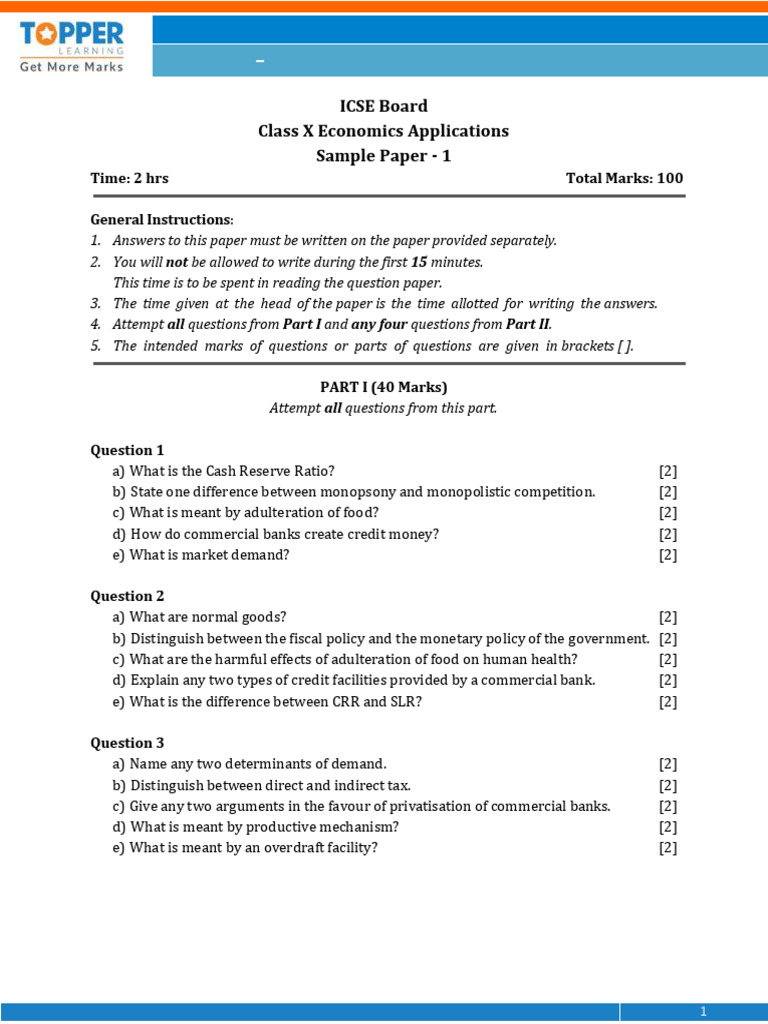 Economic Applications Class 10 Sample Paper | PDF