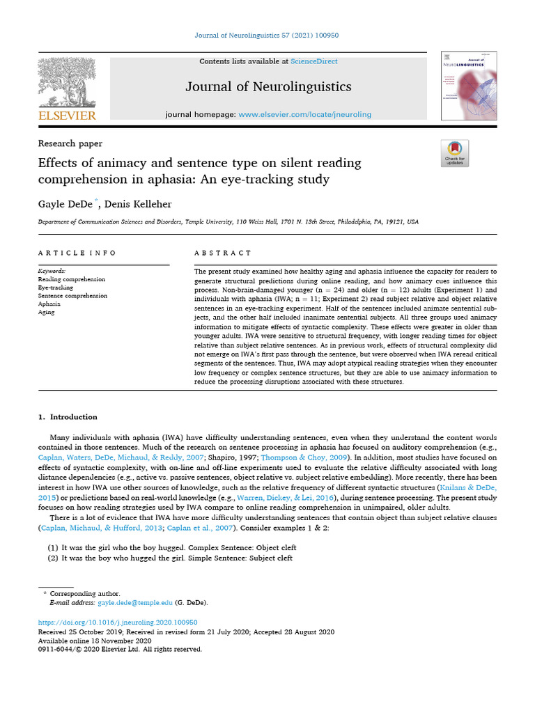 Effects of Animacy and Sentence Type On Silent Reading Comprehension in ...