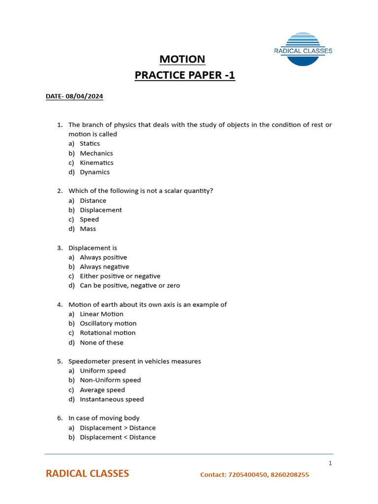 Motion Practice Paper - 1: Radical Classes | PDF