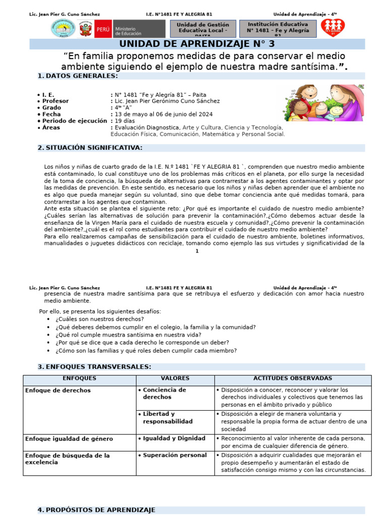 Unidad de Aprendizaje #3 - 4° Grado | PDF