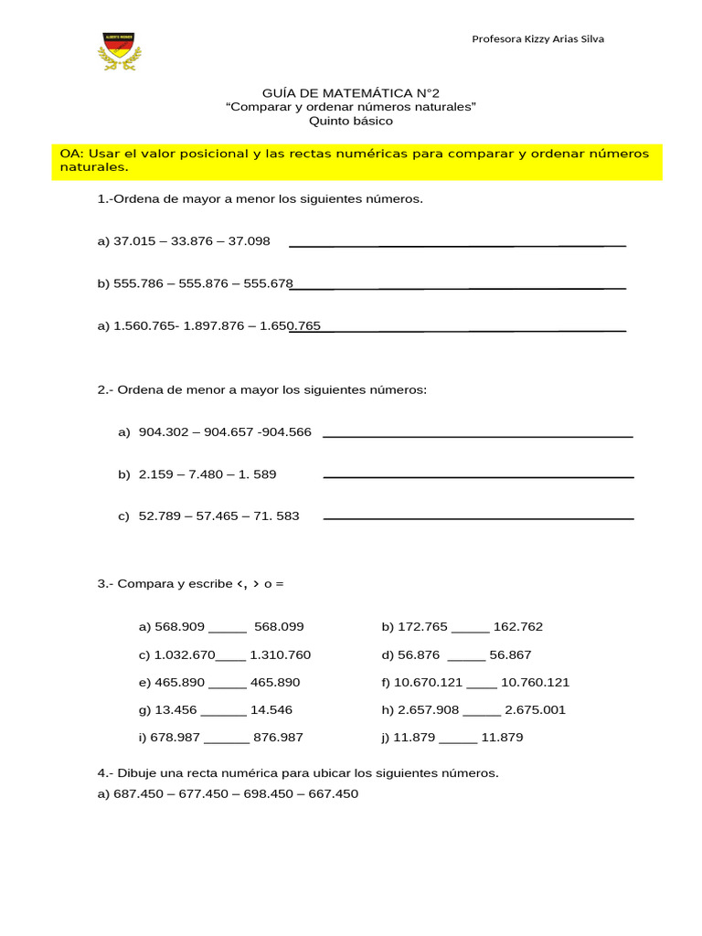 Guía N°2 Comparar y Ordenar Numeros Naturales Quinto Básico | PDF