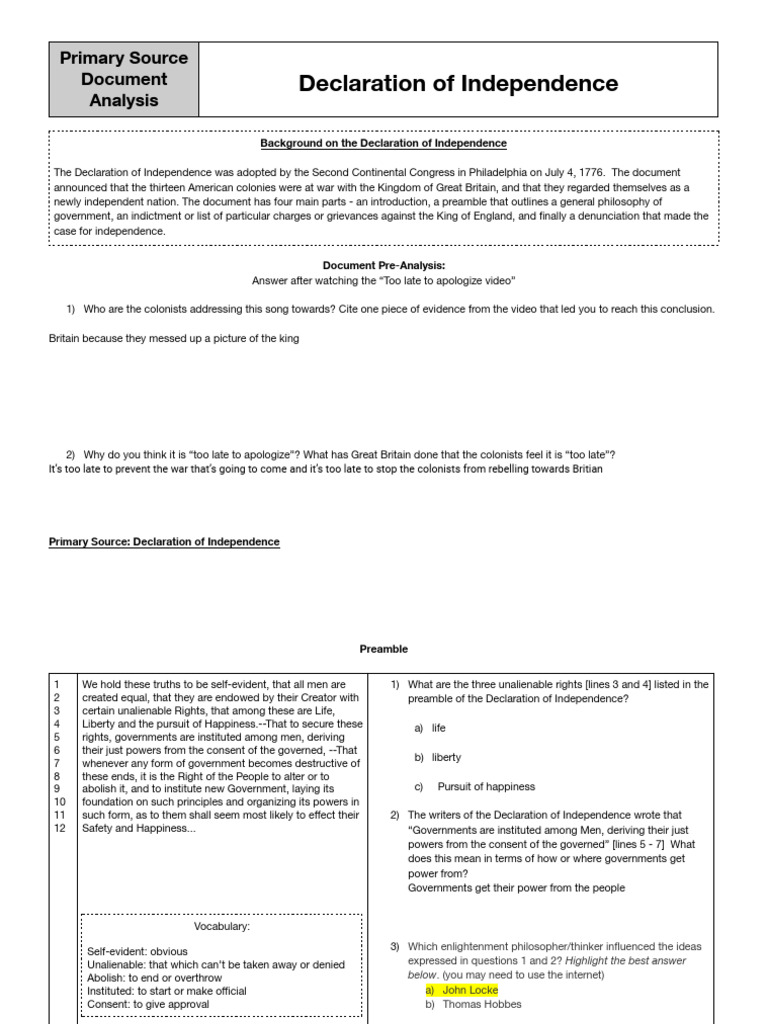House - Primary Source Document Analysis - Declaration of Independence ...