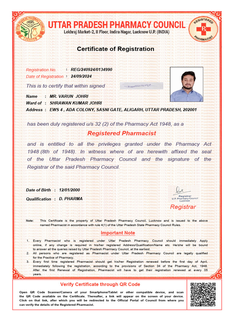 Certificate of Registration: Registered Pharmacist | PDF