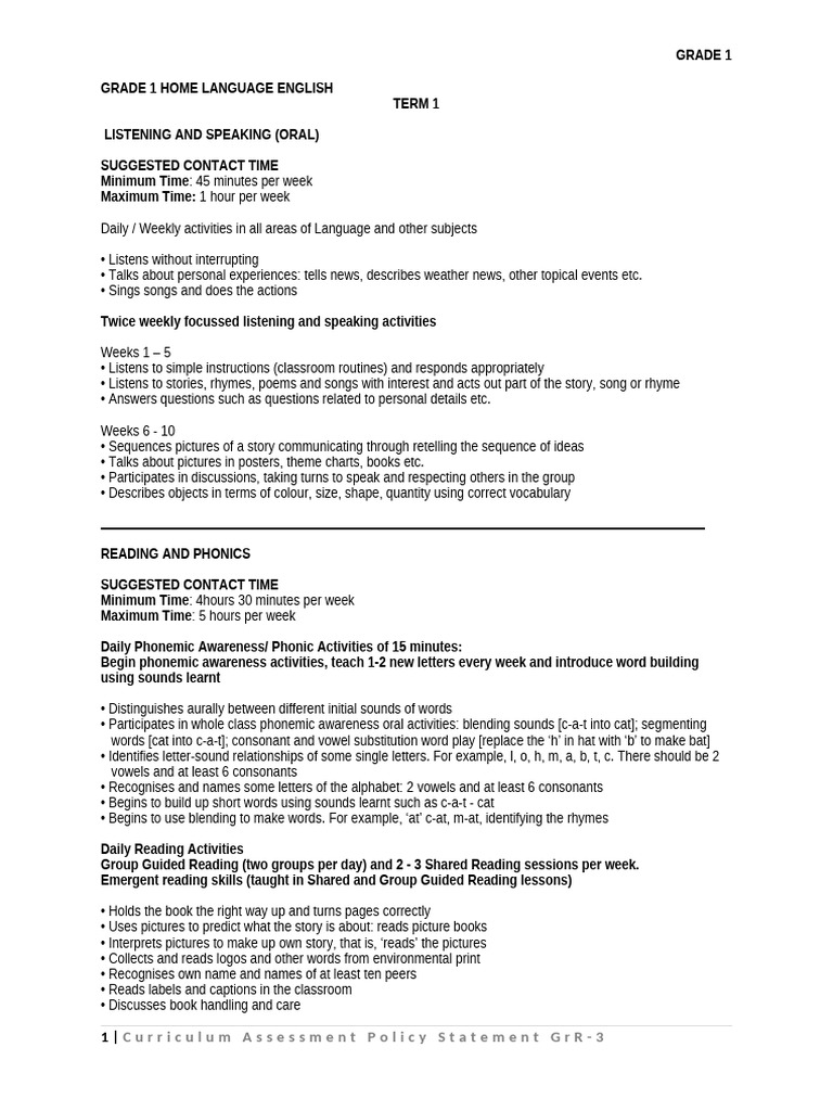 CAPS GRADE 1 HOME LANGUAGE ENGLISH | PDF