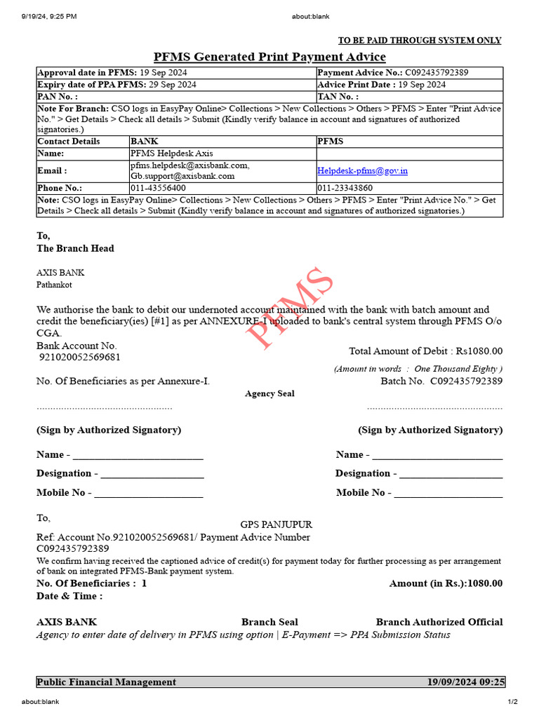 PFMS Generated Print Payment Advice | PDF