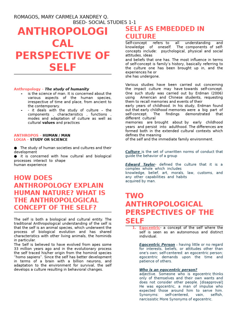 Anthropological Perspective of Self - Uts | PDF