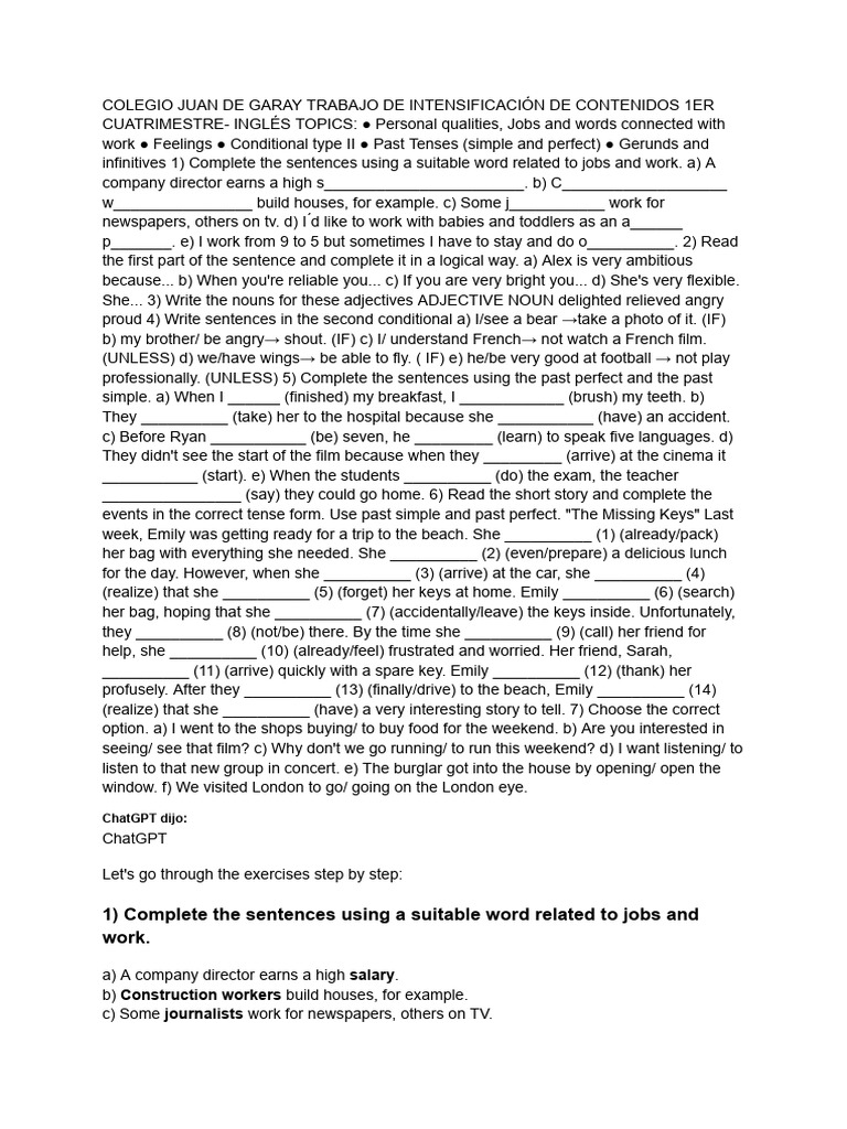 1) Complete The Sentences Using A Suitable Word Related To Jobs and ...