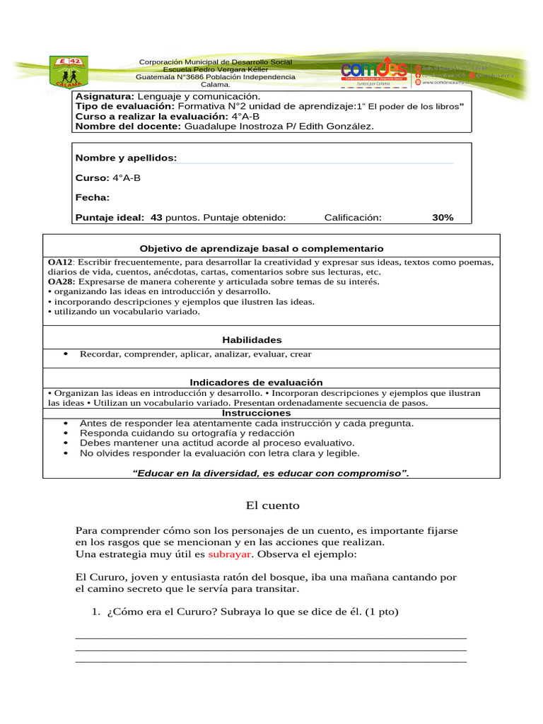 4°A-B Evaluación Formativa N°2 Lenguaje 2024 | PDF