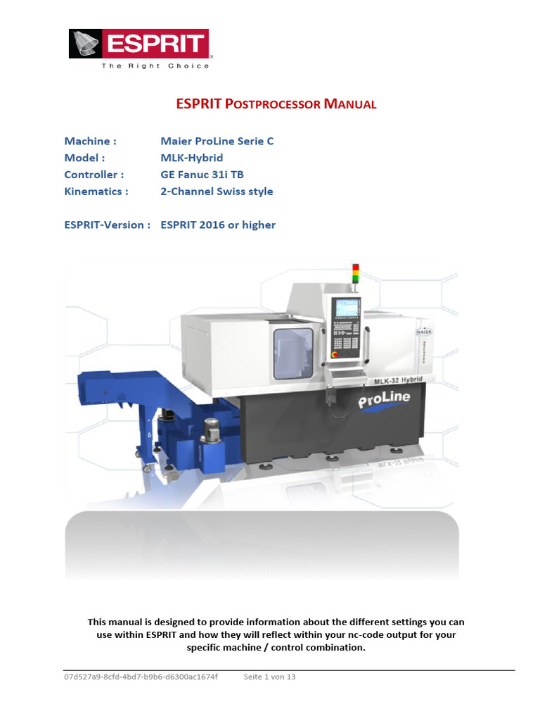 Maier ProLine Series C MLK Hybrid (Y) ESPRIT-Programing Manual - V2 | PDF