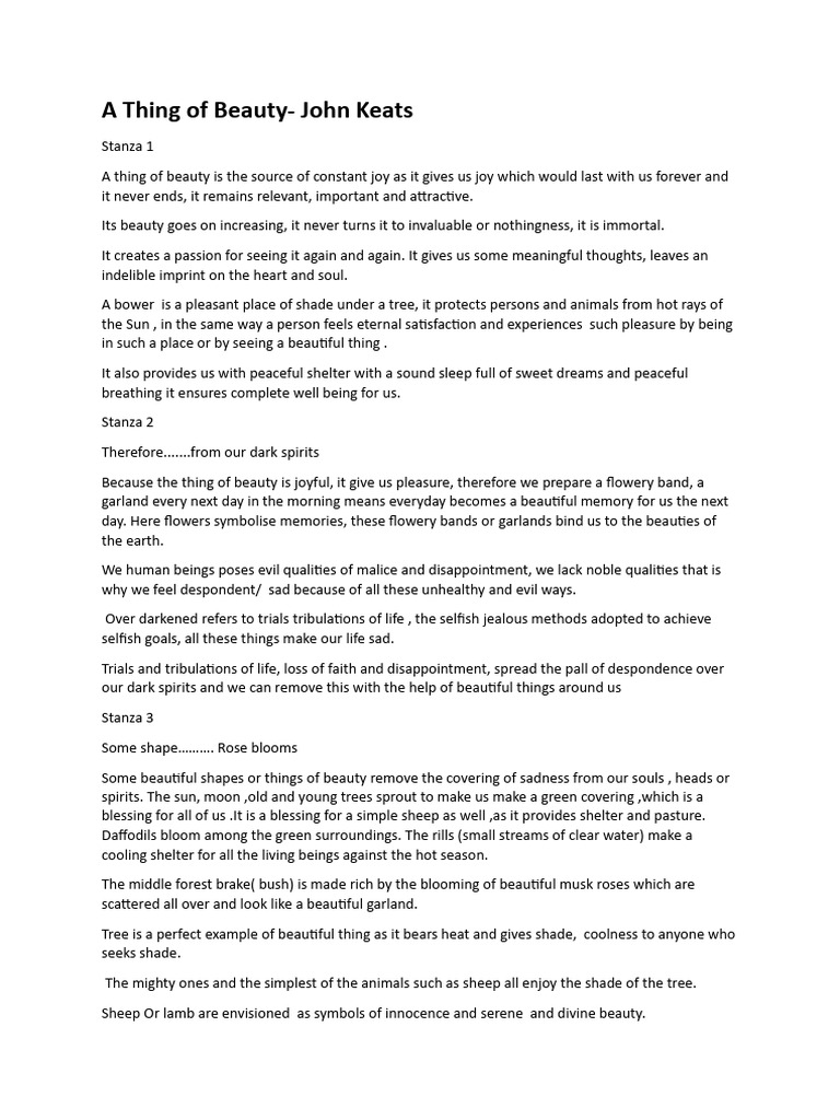 A Thing of Beauty - Explanation N QAns | PDF