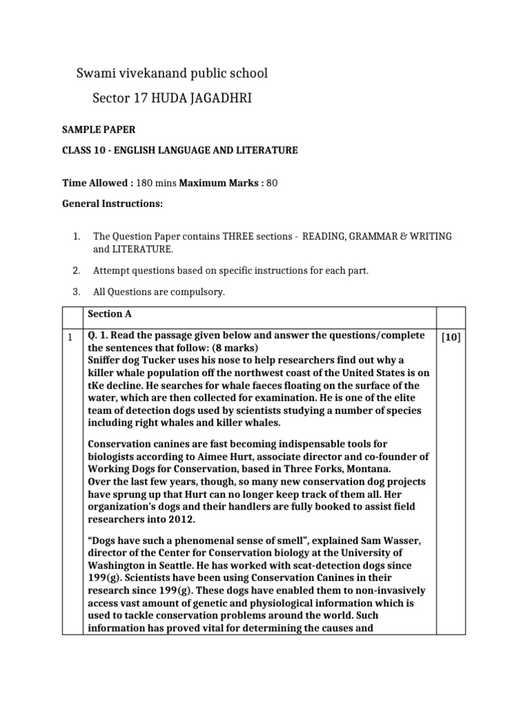 Sample Paper English Class X | PDF | Dogs | Language Arts & Discipline