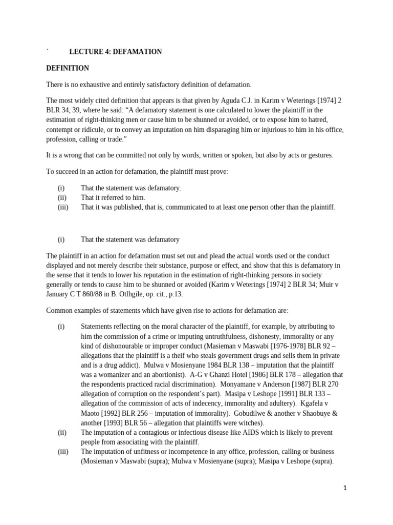 Lecture IV - Defamation | PDF