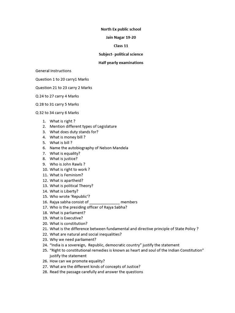 Class 11 Political Science Half Yearly Exam | PDF | Justice | Politics