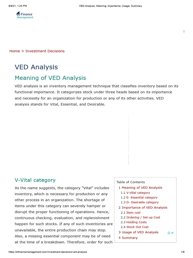 VED Analysis - Meaning, Importance, Usage, Summary | PDF