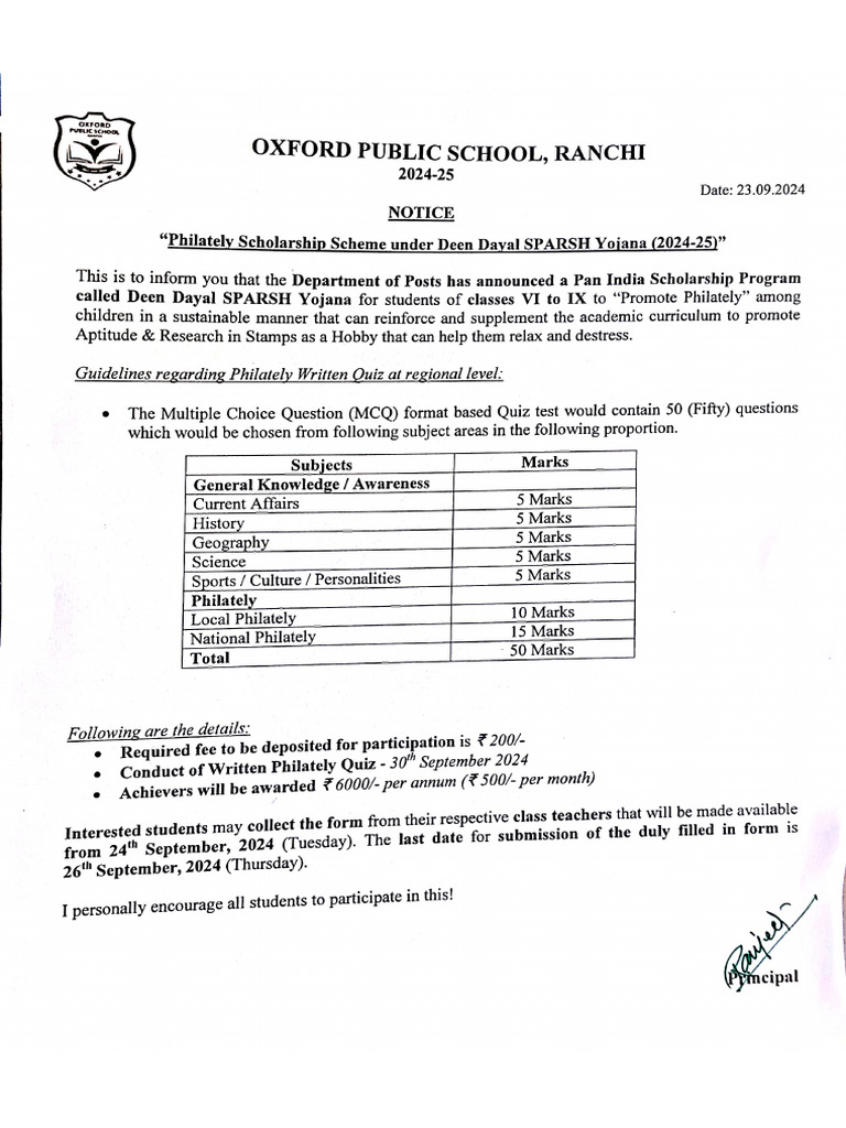 Philately Scholarship Scheme Under Deen Dayal SPARSH Yojana 2024-25 | PDF