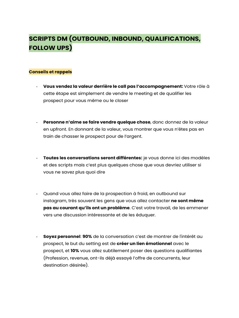 SCRIPTS DM (OUTBOUND, INBOUND, QUALIFICATIONS, FOLLOW UPS) | PDF