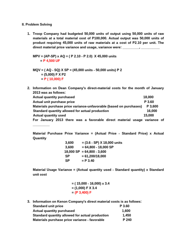 Problem Solving Standard Cost Variance Analysis | PDF