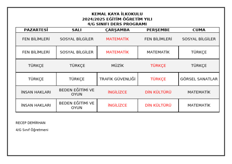 4.sinif Ders Programi 2024 2025 | PDF