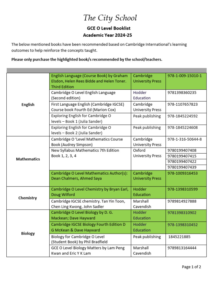 Final GCE O Level Booklist 2024-25 | PDF