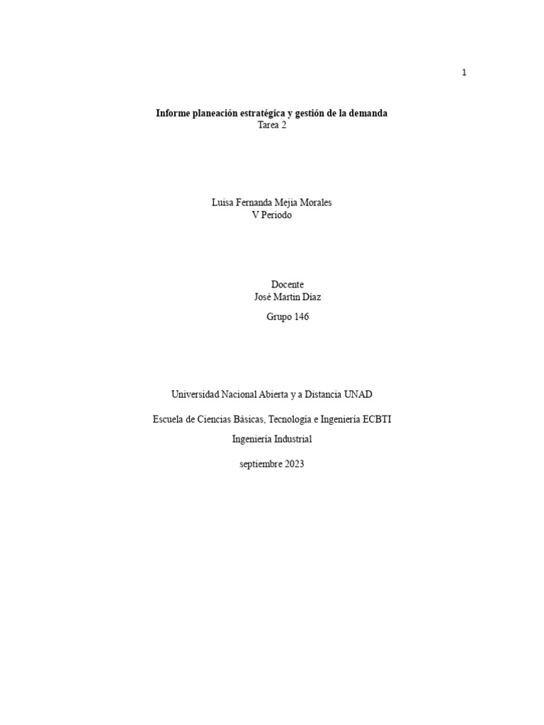 Tarea 2-Informe Planeación Estratégica y Gestión de La Demanda - Luisa Mejia - 146 | PDF