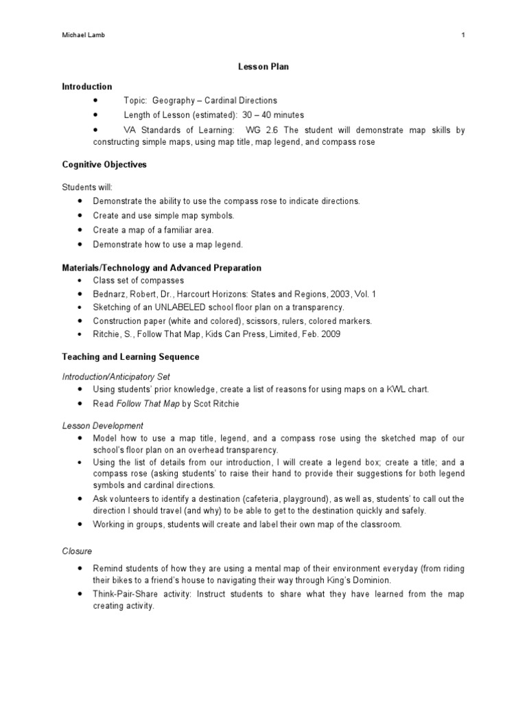 Geography Lesson Plan: Cardinal Directions | PDF | Lesson Plan | Map