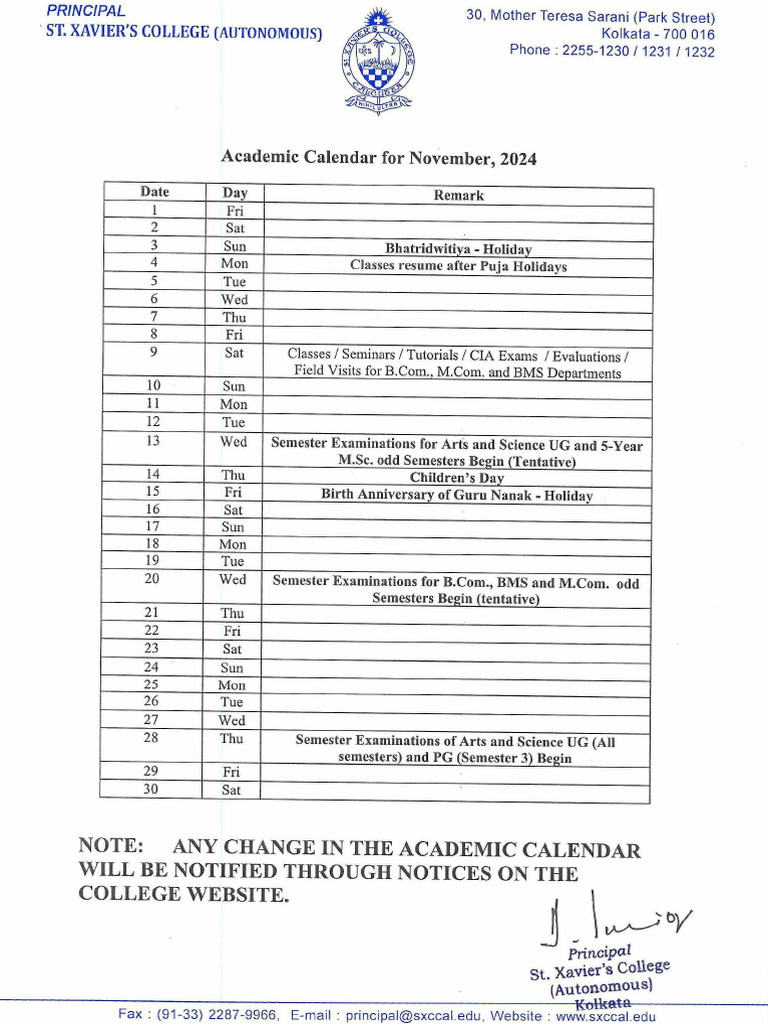 Academic Calendar For November 2024 | PDF