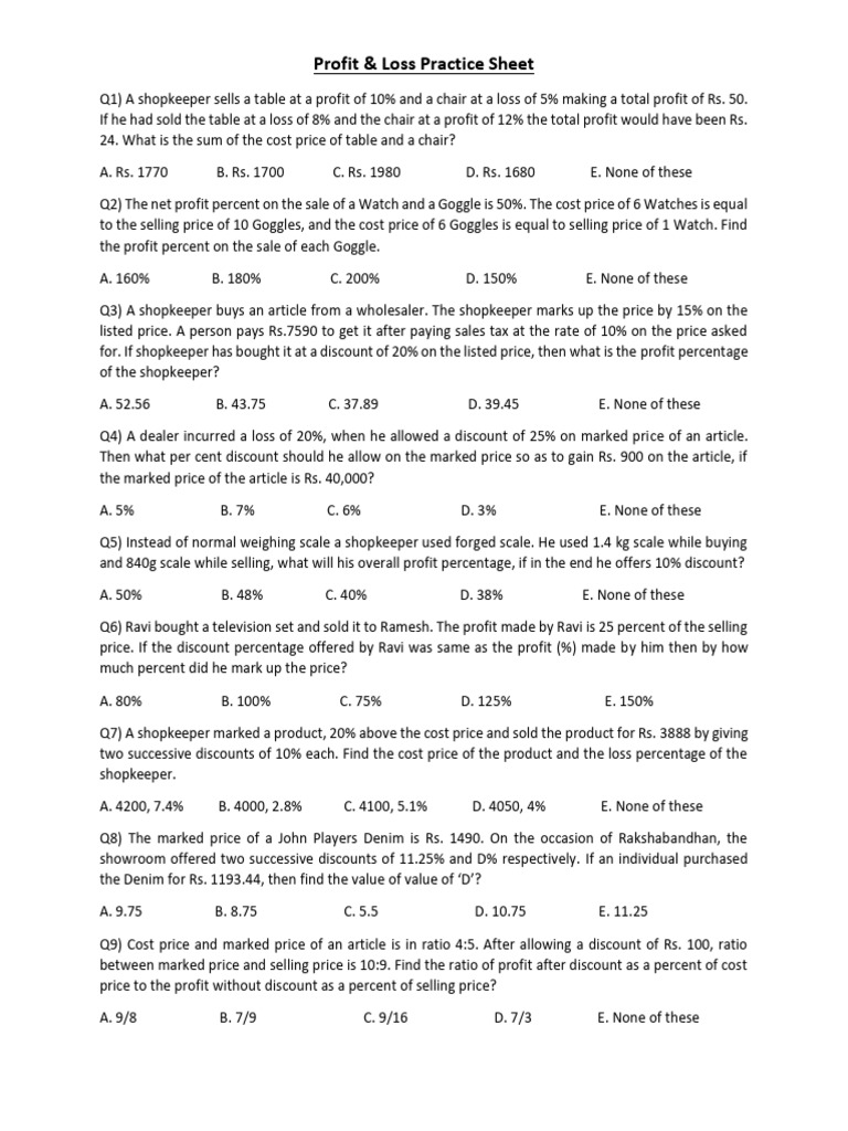 Profit & Loss - Practice Sheet | PDF