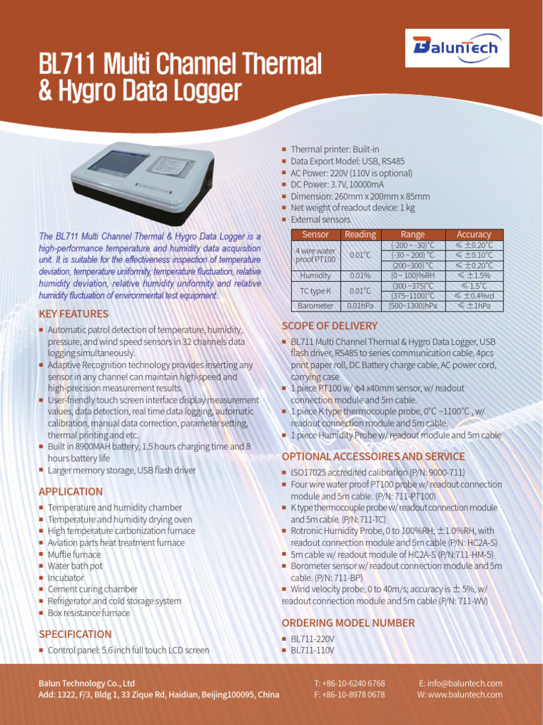 Data Sheet BL711 Multi Channel Thermal Hygro Data Logger | PDF