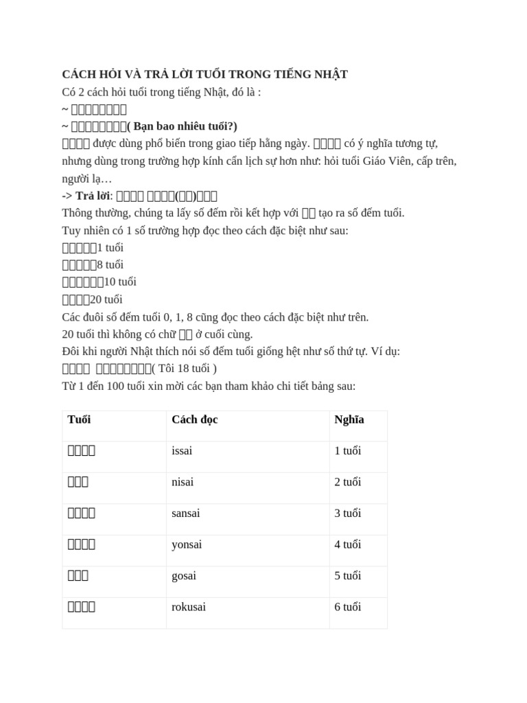 Cách Hỏi Và Trả Lời Tuổi Trong Tiếng Nhật | PDF