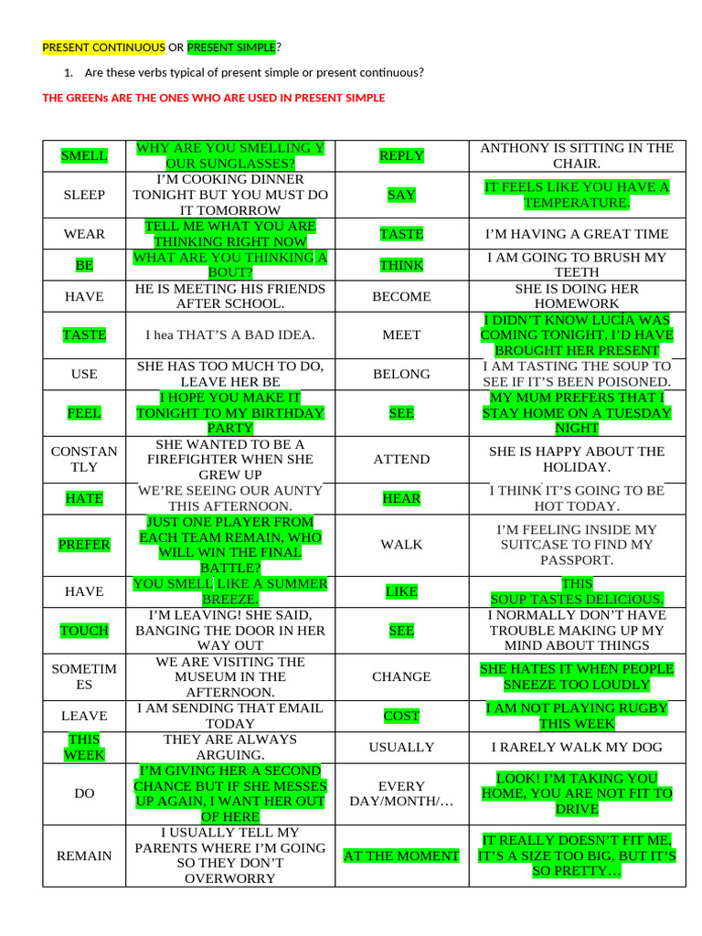 PRESENT SIMPLE vs. Present Continuous | PDF