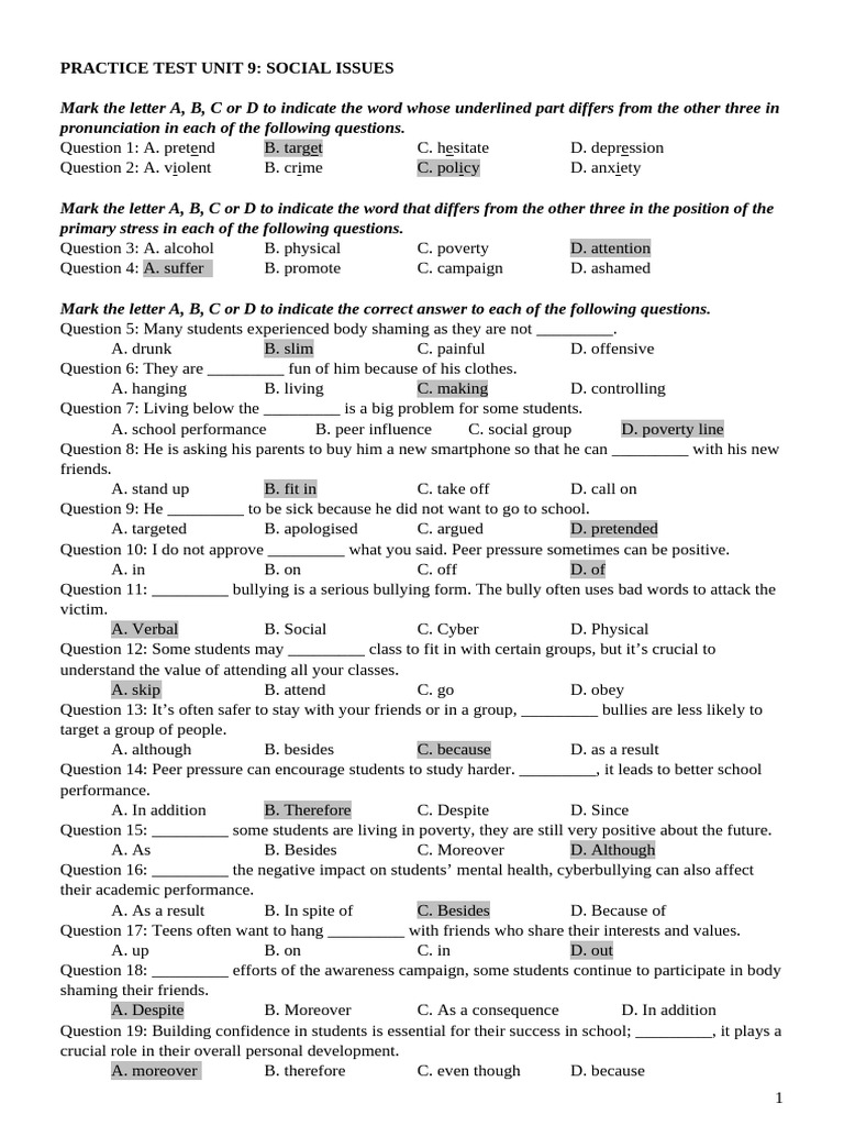 PRACTICE TEST UNIT 9 Key | PDF