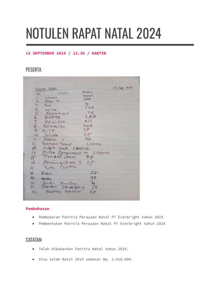 Notulen Rapat Natal 2024 (13-09-2024) - 1 | PDF