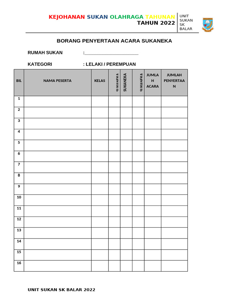Borang Penyertaan Acara Sukaneka | PDF