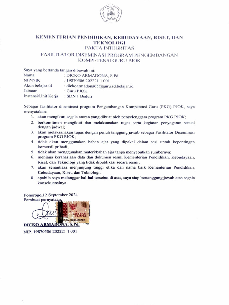 Pakta Integritas Pkg Pdf